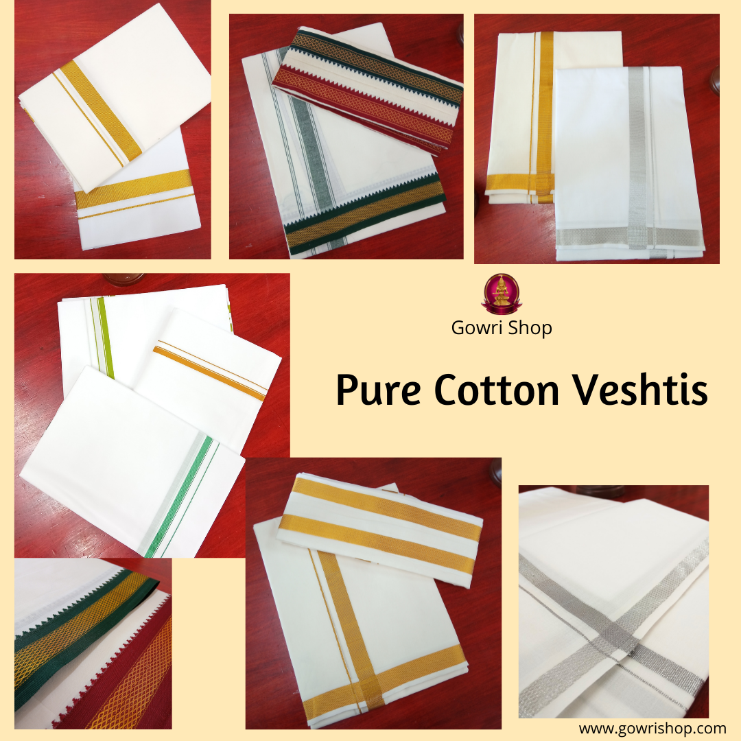 White Veshti with Colour Borders – 3 Colours – Gowri Shop